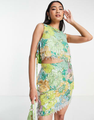 ASOS EDITION - Ensemble crop top et mini-jupe à sequins avec imprimé fleurs de couleurs vives et ...
