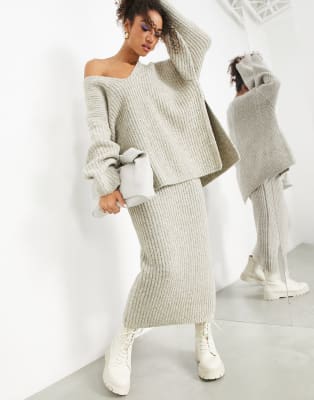 ASOS EDITION - Pull col V et jupe mi-longue en maille épaisse côtelée - Avoine - BEIGE | ASOS