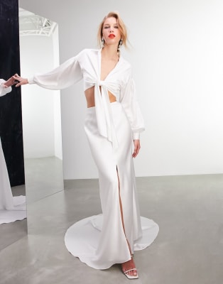 ASOS EDITION satin tie front blouse with collar & maxi skirt with slit ...