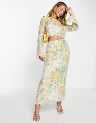 ASOS EDITION sequin long sleeve top & midi skirt with fringe in pastel ...