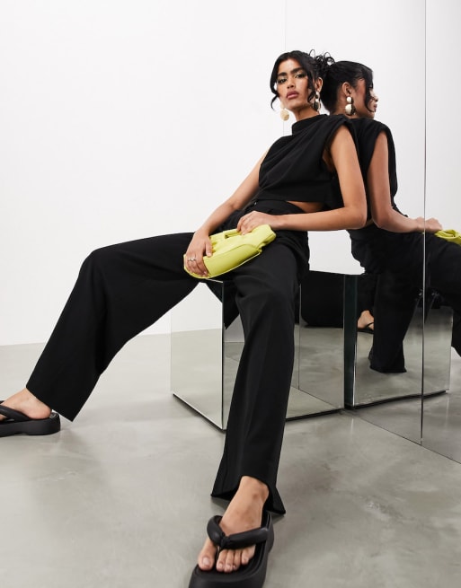 Asos Edition Textured Jersey Pleat Detail Crop Top And Trouser In Black