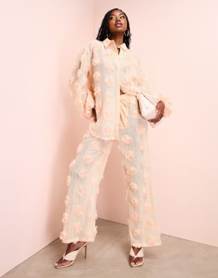 ASOS LUXE 3D floral oversized crochet beach shirt and pants in cream | ASOS