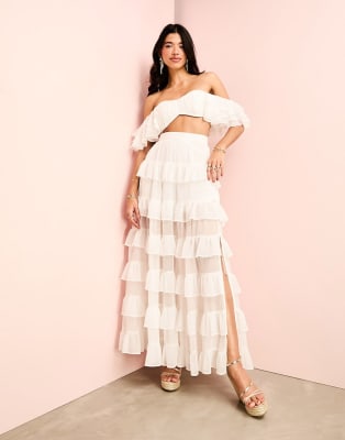 ASOS LUXE beach ruched bralet with tiered sheer sleeves and skirte set ...