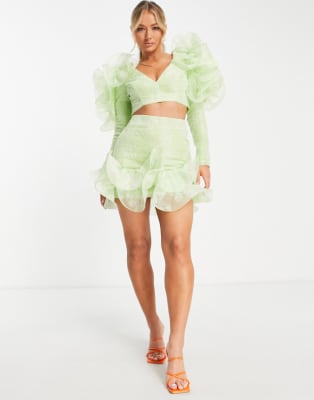 ASOS LUXE co-ord wired ruffle lace set in lime | ASOS