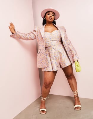 ASOS LUXE Curve co-ord jacquard blazer, bralet and shorts in pink floral | ASOS