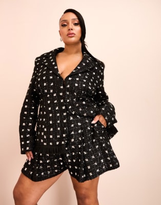 ASOS LUXE Curve – Set mit verziertem Bouclé-Blazer mit Kunstfedersaum ...