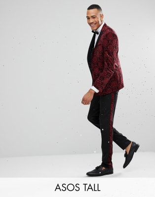 ASOS TALL Skinny Tuxedo Suit In Red Paisley Velvet | ASOS