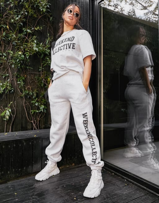 Asos Weekend Collective Oversized Sweat Set With Varsity Print In Ice