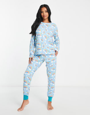 Chelsea Peers pajama and robe set in light blue rainbow print | ASOS