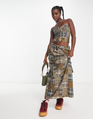 COLLUSION camo & check patchwork corset and skirt co-ord in khaki | ASOS