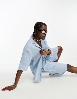 COLLUSION crinkle beach shirt & shorts in blue | ASOS