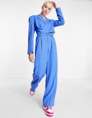 COLLUSION cropped blazer with wrap detail & wide leg trouser in blue ...