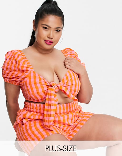 COLLUSION Plus exclusive color gingham shorts & crop top set in pink ... COLLUSION Plus exclusive color gingham shorts & crop top set in pink ...