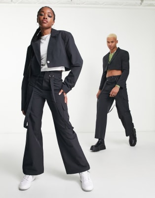 COLLUSION Unisex crop single breasted blazer and trouser in black tonal ...