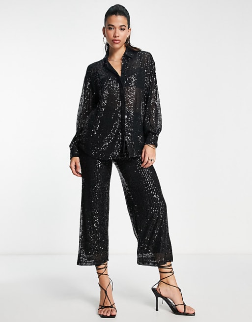 Conjunto negro de pantalones y camisa de lentejuelas de Vila | ASOS Conjunto negro de pantalones y camisa de lentejuelas de Vila | ASOS