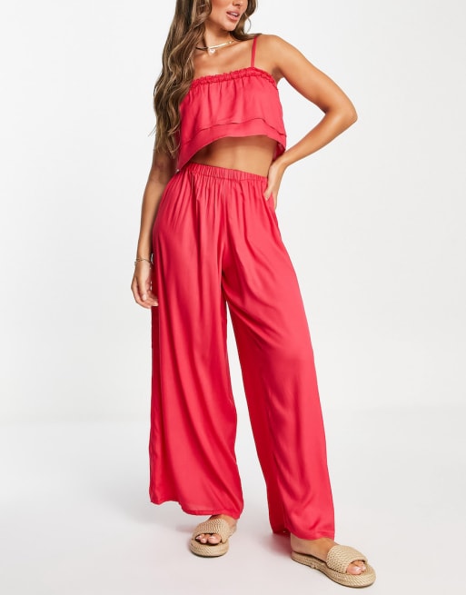 Esmee Exclusive beach layered frill strappy crop top in watermelon ...