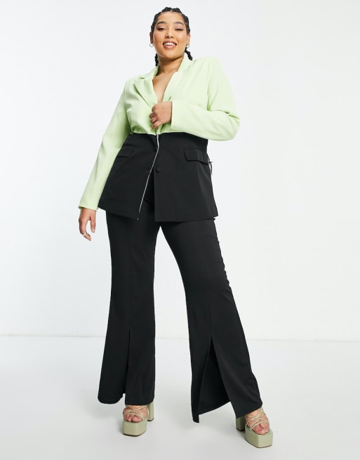 Extro & Vert Plus - Ensemble blazer et pantalon évasé fendu contrastants - Noir et citron vert ...