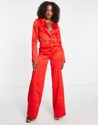 Extro & Vert Tall cropped blazer and trousers in red satin co-ord | ASOS