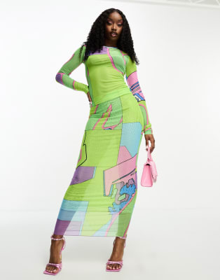 Gbemi - Co-ord set van mesh top en maxi rok met log en grafische print ...