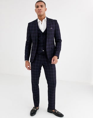 Harry Brown – Marinblårutig kostym med extra smal passform och stretch ...