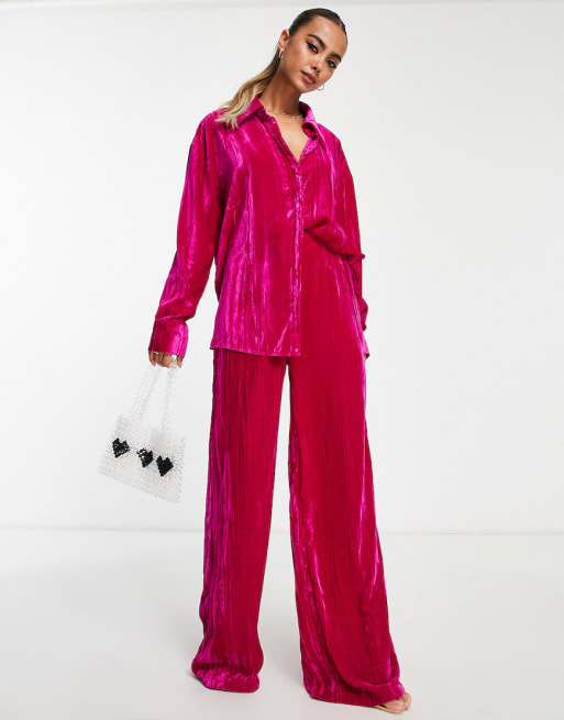 In The Style velvet shirt and trouser co-ord in pink | ASOS