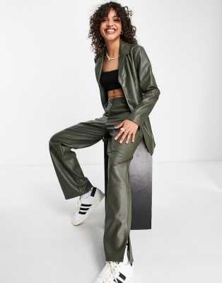 JJXX faux leather shacket and cargo pants set in khaki | ASOS