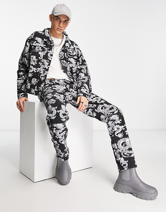 Liquor N Poker co-ord straight leg denim set in black with all over ... Liquor N Poker co-ord straight leg denim set in black with all over ...
