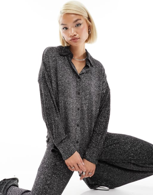 Mango Ensemble Scintillant Avec Pantalon Ample Et Chemise Noir Asos