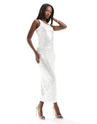 Mango sequin vest and maxi skirt in silver | ASOS