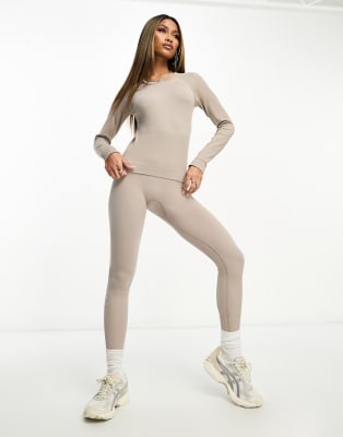 Miss Selfridge seamless rib set in mocha | ASOS