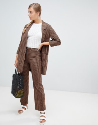 Monki longline blazer & wide leg trousers in brown check print co-ord ...