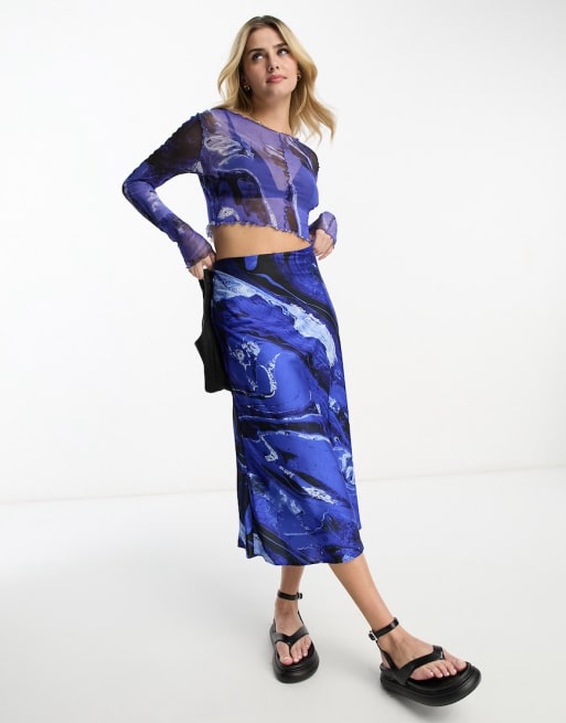 Monki mesh top and midi skirt set in blue liquid print | ASOS