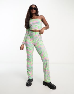 Monki one shoulder top and flare pants in swirl print | ASOS