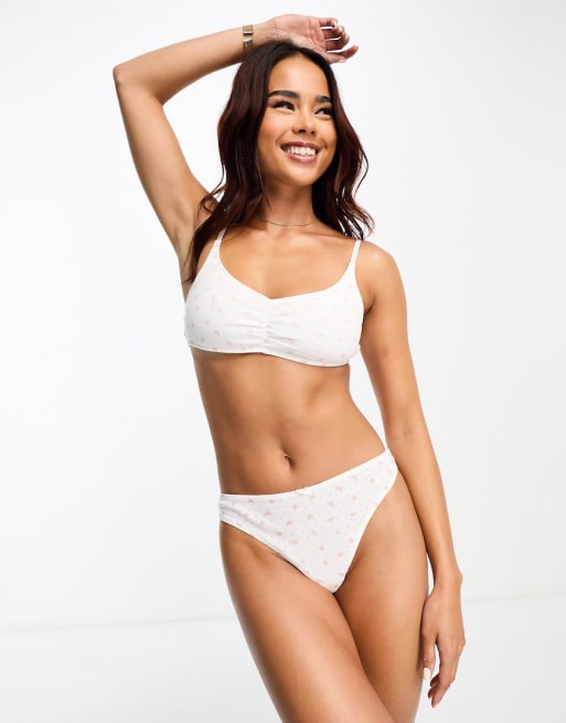 Monki scoop bralette and pointelle thong set in white and rose print | ASOS