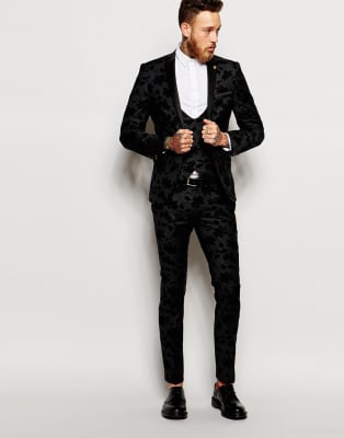 Noose & Monkey Tuxedo Suit with Stretch and Floral Flocking in Super ...