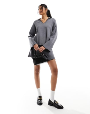 Object oversized v neck jumper set and skirt with contrast trim in grey ...