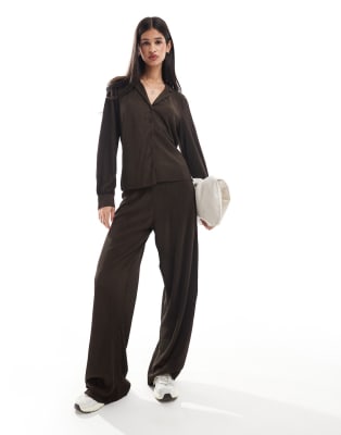 Object plisse fitted shirt and slim pants set in chocolate brown | ASOS