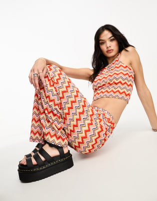 Only boho straight leg pants and singlet top set in multi zig zag print ...
