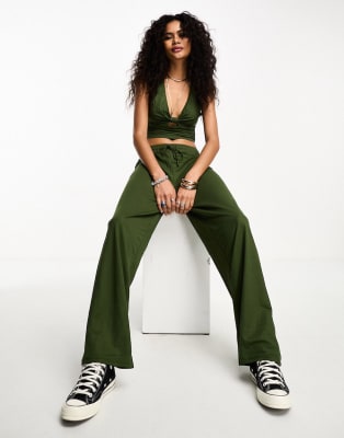 Only cut out detail cropped top and straight leg pants set in khaki | ASOS