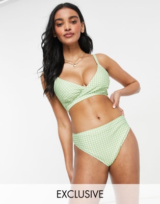 Peek & Beau Fuller Bust Exclusive wrap over bikini set in gingham green | ASOS