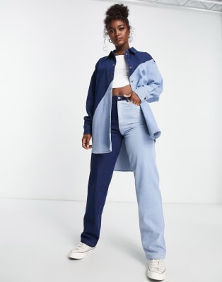 Pieces - Ensemble en jean avec chemise en deux parties et jean droit - Bleu | ASOS