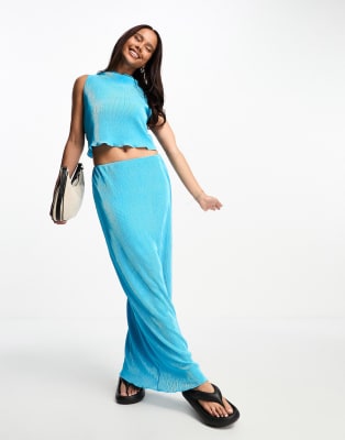 Pieces plisse crop top and maxi skirt co-ord in blue | ASOS