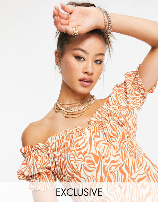 Reclaimed Vintage inspired mini dress and bucket hat in toffee zebra ...