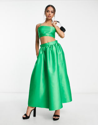 River Island co-ord square neck crop top and a-line midi skirt in green ...
