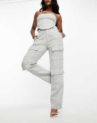 Simmi – Silverfärgat set i bouclé med korsett-topp och byxor | ASOS