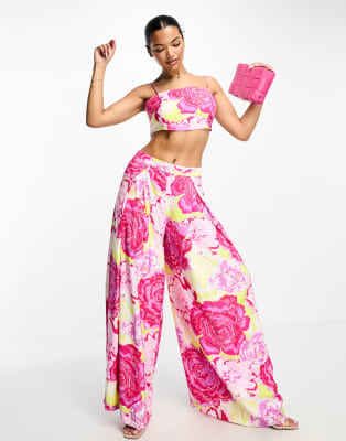 Something New cami crop top and pleat front trouser co-ord in neon rose ...