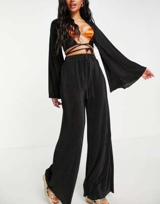 South Beach plisse crop wraparound beach top in black - part of a set ...