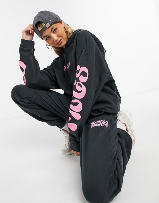 Sudadera Gris Carbón Extragrande Con Capucha Lavado ácido Y Logo