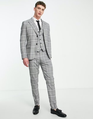 Topman skinny three piece suit in large gray check | ASOS