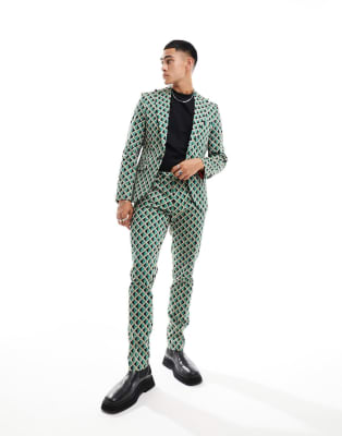 Twisted Tailor shadoff suit in green with geometric vintage print | ASOS